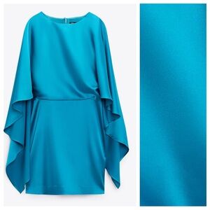 Zara | Dresses | Nwt Zara Turquoise Satin Effect Cape Sleeve Mini Dress ...